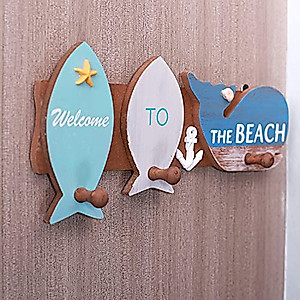 2-Pack Nautical Theme Hook Wall Mounted Wooden Coat Rack Key Hooks, Wooden Fish Welcome Key Holder for Wall with 3 Hooks Organizer, Welcome Door Wall Hook with Beach Nautical Decoration