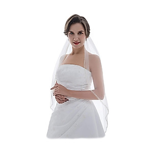 SAMKY 1T 1 Tier Double Row Alternating Crystal Beaded Veil - Light Ivory Fingertip 36" V493