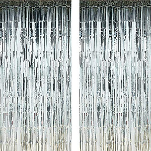 Twinkle Star 2 Pack Photo Booth Backdrop Metallic Tinsel Foil Fringe Curtains Environmental Background for Birthday Wedding Party Christmas Decorations (Silver)