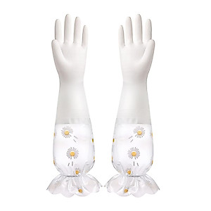 Dishwashing Rubber Cute Patterned Gloves,3 Pairs Reusable Kitchen Cleaning Gloves Long Cuff and PVC with Soft Lining