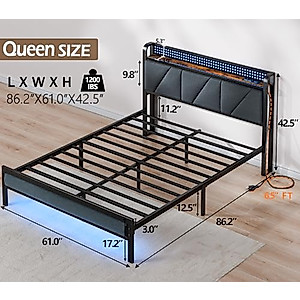 Furnulem Queen Size Bed Frame with LED Lights,Upholstered Storage Headboard with Charging Station and USB Port, Platform Bedframe Queen No Box Spring Needed, Noise Free