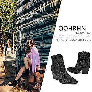 OOHRHN Women's Color Rhinestone Boots Glitter Sparkly Cowboy Booties Chunky Block Heel Pearl Detail Pointed Toe Bridal Wedding Western Ankle Boots Cowgirl Short Boots Black Stone PU Size US 8.5