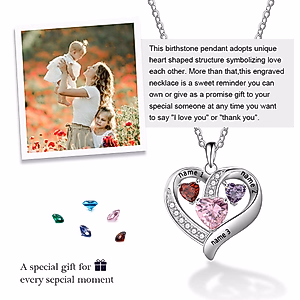 Personalized Mothers Pendant Necklace with 3 Heart Simulated Birthstone 3 Names Engraved Family Promise Necklace for Female Women (3 Stones)
