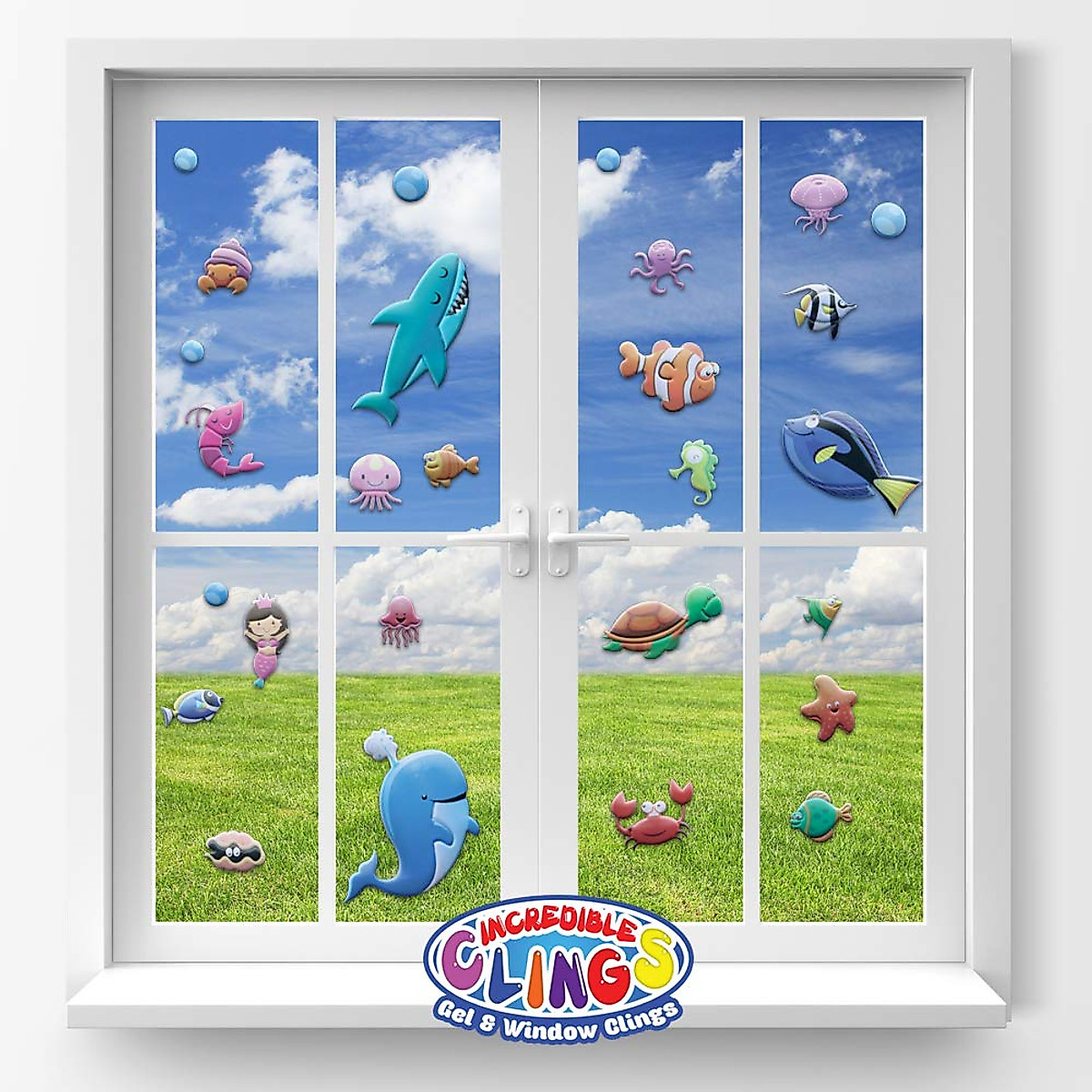 Under The Sea Ocean Window Clings for Kids & Toddlers (by Jesplay USA - Reusable Window Stickers Gels & Decals) Puffy Sticker Activites for Car Plane Home - Underwater Animals Fish Mermaid Shark