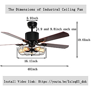 LuxureFan Vintage Industrial Ceiling Fan Light for Restaurant/Living Room with Create Iron Cage Cover Pull Chain/Remote and 5 Reversible Wood Leaves (48Inch)