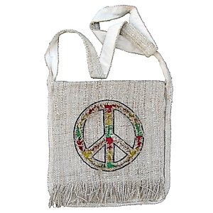 Original Collections Unisex Bohemian 100% Hemp Hippie Peace Sign Crossbody-Messenger-Bag with Rasta Colors
