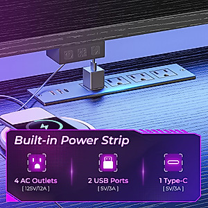 SUPERJARE L Shaped Gaming Desk with Power Outlets & LED Lights, Computer Desk with Monitor Stand & Storage Shelf, Home Office Desk Corner Desk with Hooks, Black