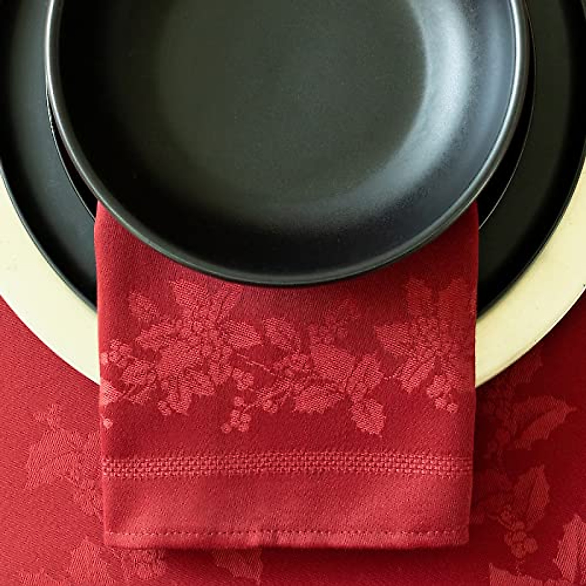 Benson Mills Holiday Elegance Heavyweight Engineered Jacquard Fabric Cloth Napkins for Holiday and Christmas Tablecloths (Dark Red, 18" X 18" Napkins Set of 4)