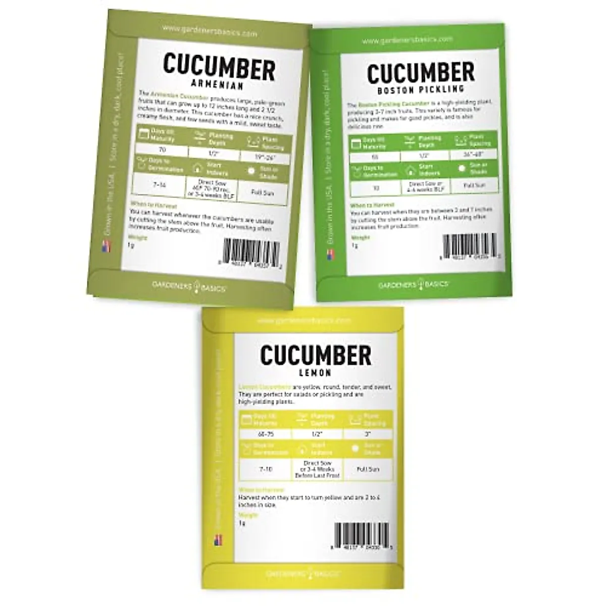 Cucumber Seeds for Planting Outdoors 5 Variety Pack Armenian, Boston Pickling, Lemon, Spacemaster, Straight Eight Veggie Seeds by Gardeners Basics