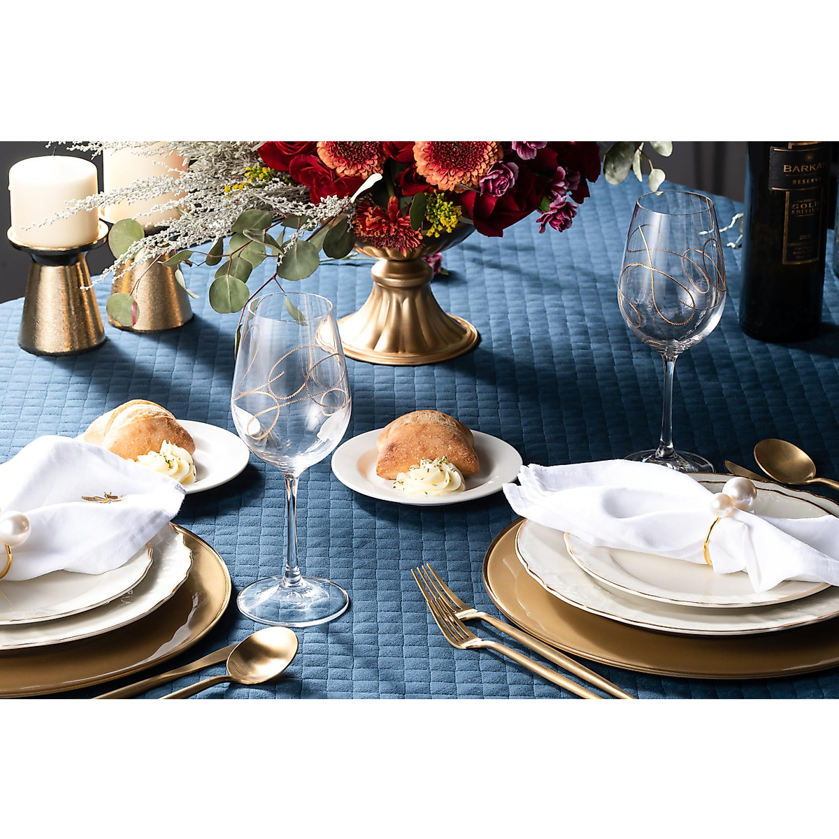 Barski Wine Glass, Goblet, Crystal Glass, Set of 2 Glasses, with Gold String Design, Made in Europe, 14 oz.