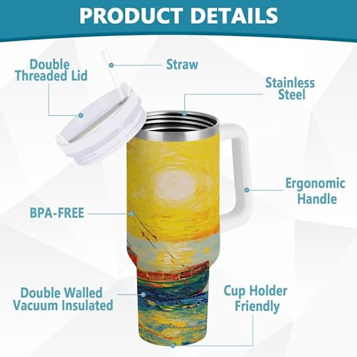 RPLIFE Boat Sunset Oil Painting Style 40oz Tumbler with Handle, Stainless Steel Tumbler with Straw, Tumbler for Men