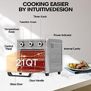 Panana Compact Airfryer Toaster Oven, 1400W 21QT with 6-in-1 Multifunctions and Wide Temperature Range, Air Fryer Oven with 60-Minute Timer/Auto-Off, Stainless Steel Countertop Oven (Silver)