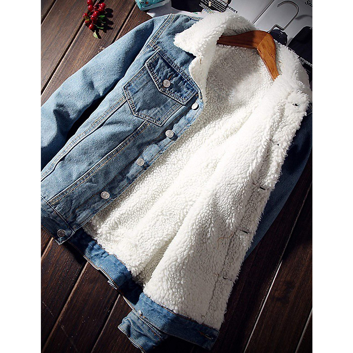 Springrain Men's Sherpa Fleece Lined Denim Jacket Warm Winter Trucker Jacket Cowboy Jean Jacket(LightBlue-M)