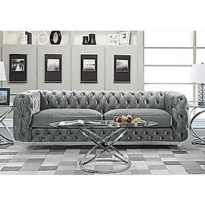 Iconic Home Modern Contemporary Tufted Velvet Down-Mix Cushons Acrylic Leg Sofa, Grey