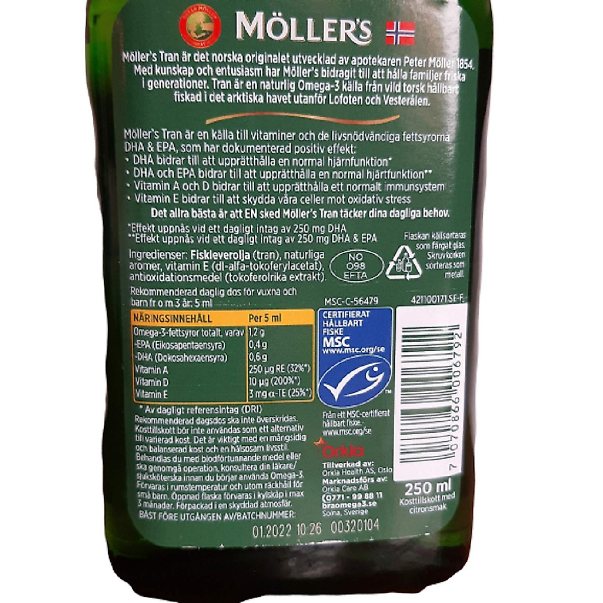 Möllers Tran Cod Liver Oil 250 ml/ 8.45 fl oz | Citron Flavor | Omega-3 | Fish Liver Oil