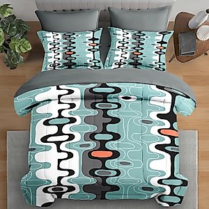 Pamnest Comforter Set Full Size, Mid Century Retro Stripe 7 Pcs Bedding Set for Kids and Adults, Vintage Geometric Cool Bed Sheet Sets with Fitted Sheet 2 Pillowcases & 2 Shams for Bedroom Bed Decor