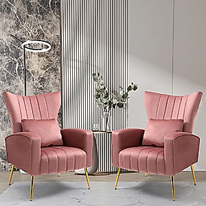 WQSLHX Living Room Chairs Set of 2 with Lumbar Pillow, Velvet Accent Chair with High Back Mid Century Armchair for Bedroom with Armrest, Arm Chair with Golden Metal Legs, Pink