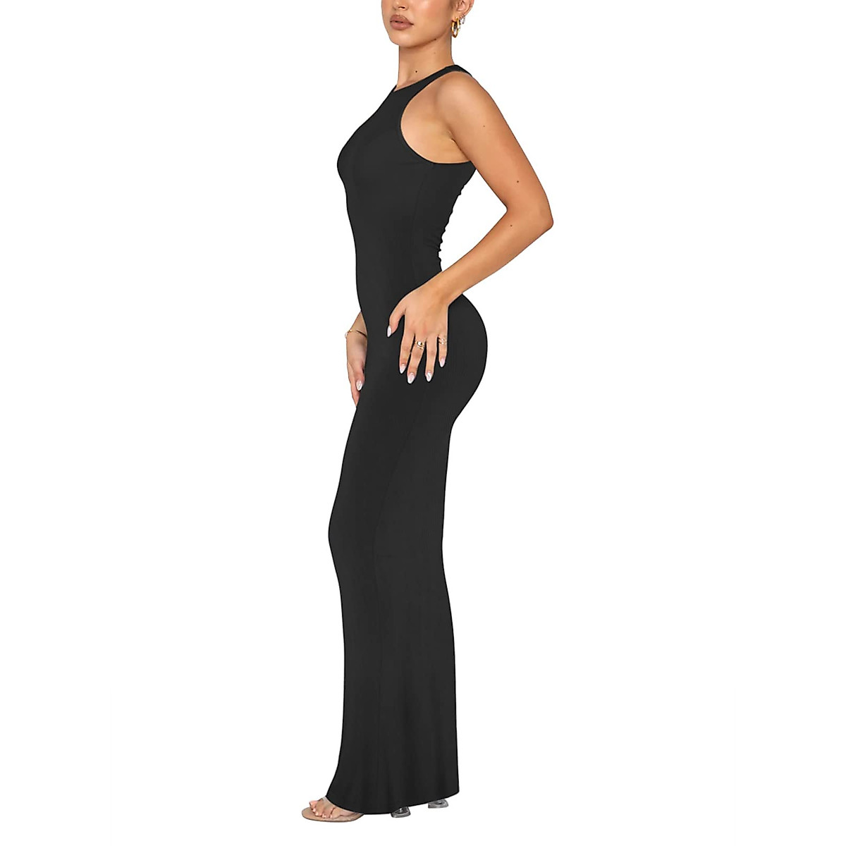 REORIA Women's Summer Sexy Casual Lounge Tank Long Dress Elegant Wedding Guest Sleeveless Halter Neck Bodycon Maxi Dresses Black Medium