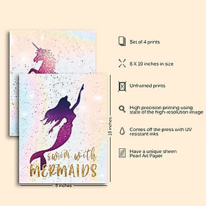MTL HOE Unicorn Rainbow Fairy Mermaid Girls Room Bedroom Wall Decor Art Prints, Inspirational Kids Children’s Posters, Birthday Party, Bedroom, Bathroom, Playroom (set of 4, 8’’ x 10’’, Unframed)