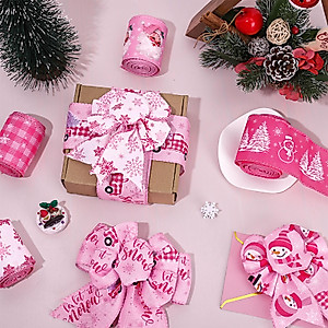 Whaline 6 Rolls Christmas Wired Edge Ribbon Pink Xmas Winter Holiday Craft Ribbon Buffalo Plaid Santa Snowman Snowflake Christmas Tree Truck Gift Wrapping Ribbon for Bow Wreath Crafts, 30 Yards