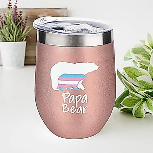 Mighun Papa Bear Bisexual Lesbian Wine Tumbler with Lid, Pansexual Bisexual LGBTQ Vacuum Coffee Tumbler, Gay Pride Stemless Insulated Wine Glasses Cup for Champaign, Cocktail, Beer