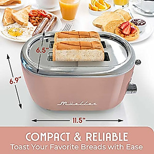 Mueller Retro Toaster 2 Slice with 7 Browning Levels and 3 Functions: Reheat, Defrost & Cancel, Stainless Steel Features, Removable Crumb Tray, Under Base Cord Storage, Pink
