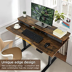 VOWNER Standing Desk Adjustable Height, 48 x 24 Inch Electric Stand up Desk with 2 Drawers and 2 Tier Storage Shelf, Sit Stand Home&Office Desks with 3 Preset Buttons, Rustic Brown Top