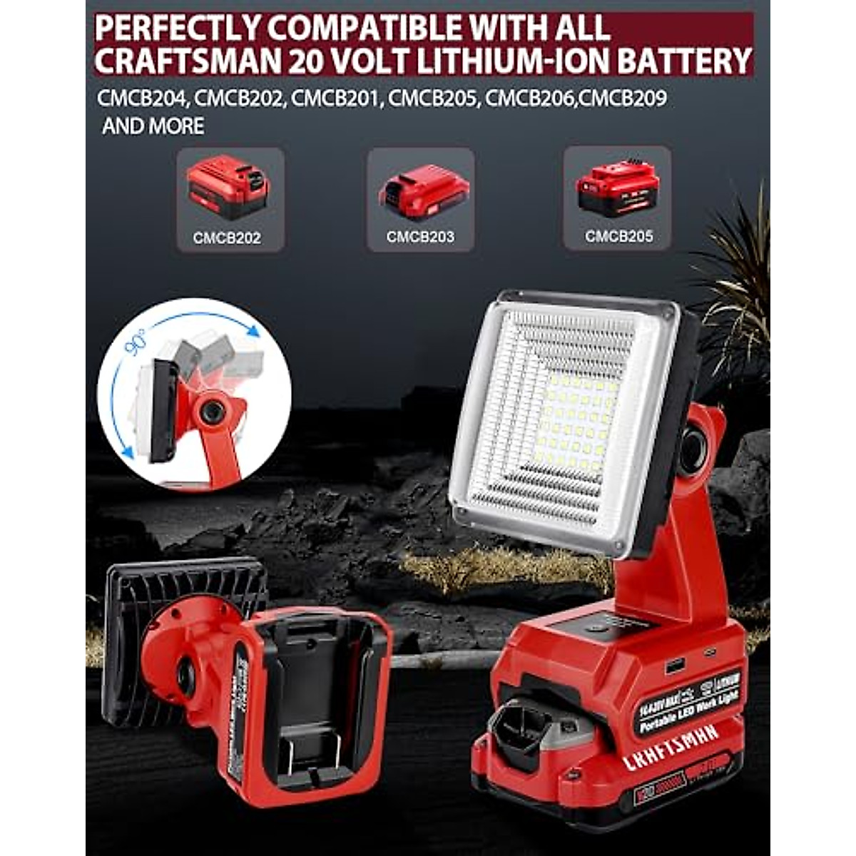 Adisipsoarin Cordless LED Work Light for Craftsman V20 Battery, 25W LED Floodlight with USB-A&USB-C 2.1A Fast Charging Ports for Jobsite, Car Repairing, Camping, Emergency