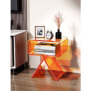 solaround Acrylic Nightstand Side Table Modern Design Clear Home Decor Display End Table for Living Room (Orange)