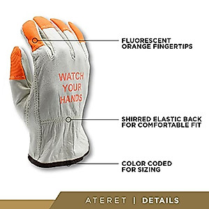 ATERET 12 Pairs X-Large Hi Vis Heavy Duty Durable Cowhigh Leather Work Gloves I Orange Tip - Watch Your Hand I Driver Gloves for Truck Driving, Warehouse, Gardening, Farming (XLarge, 12)