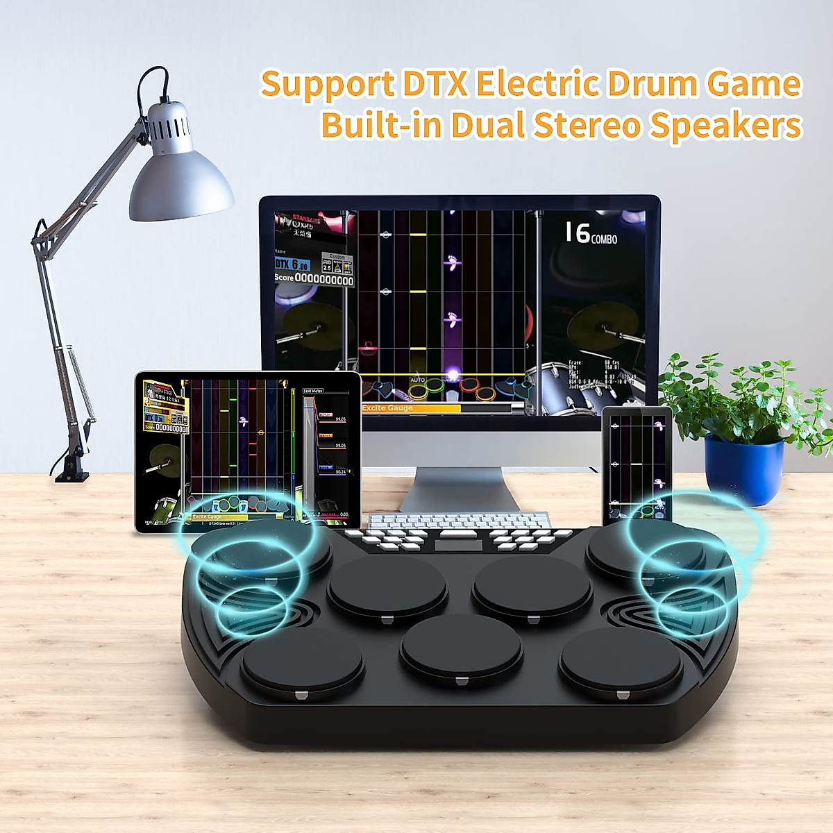 KONIX Electronic Drum Set, Tabletop Electric Drum Kit, 7 Pad Portable Digital Drum Pad Machine with Digital Panel, Built-in Speakers, PC Connection Support, Ideal Gift for Teens and Adult Beginners