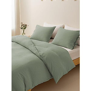 MUKKA Sage Green Duvet Cover Set Queen Size with Bowknot Closure 3 Pieces Washed Microfiber Duvets Set Boho Style for Girl Men Women