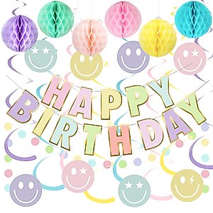 meowtastic Pastel Birthday Decorations - Macaron Happy Birthday Banner with Honeycomb, Smiley Face Hanging Swirl Streamer, Circle Dot Garland Decorations - Birthday Party Decorations for Boys Girls