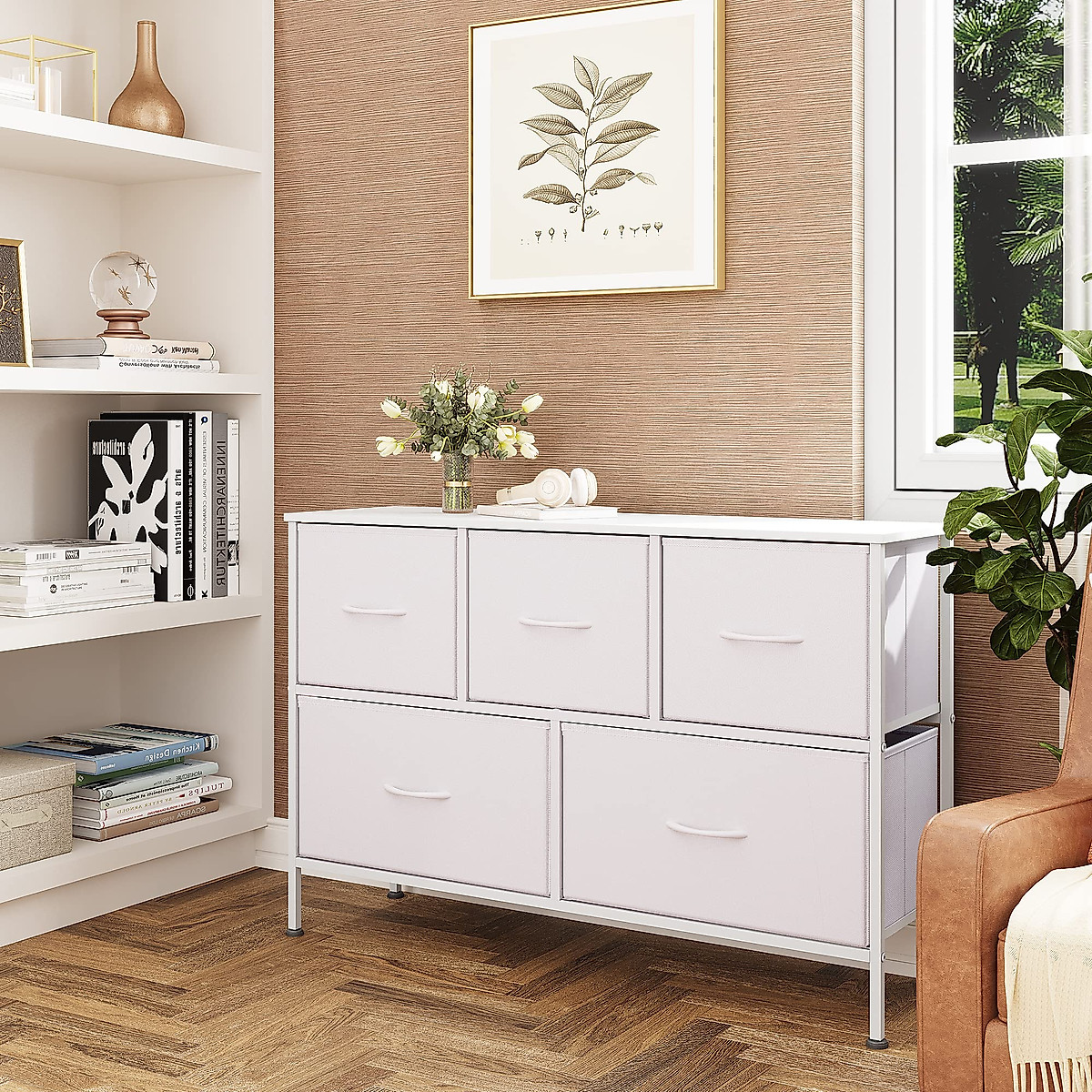 WLIVE Dresser with 5 Drawers, Dressers for Bedroom, Fabric Storage Tower, Hallway, Entryway, Closets, Sturdy Steel Frame, Wood Top, Easy Pull Handle (White)