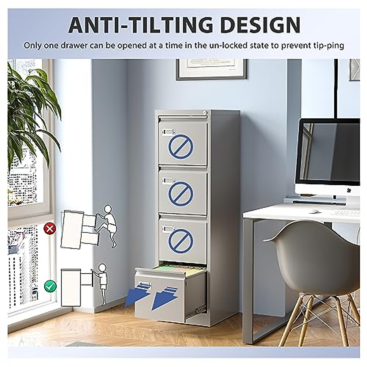 Anxxsu 4 Drawer File Cabinet, Filing Cabinets for Home Office, Metal Vertical File Storage Cabinet with Lock, Locking File Cabinet for A4 Legal/Letter, 15.1" W x 17.7" D x 52.5" H, Assembly Required