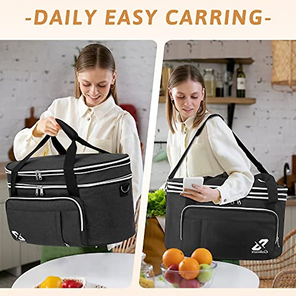 Golkcurx Double Layer Slow Cooker Bag for 6-8 Quart Oval CrockPot and Hamilton Beach Models, with Padded Adjustable Strap, Top Zip Compartment, and Front Pocket for Utensils(Bag Only)