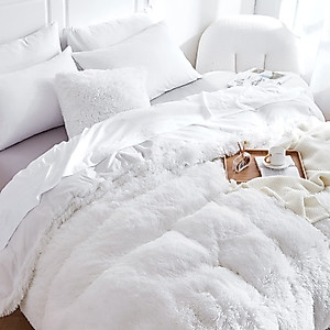 EHEYCIGA Faux Fur Duvet Cover, Ultra Soft Shaggy Fluffy Comforter Cover with Luxury Velvet on Reverse Zipper Closure 1PC (1 Duvet Cover, White, King)