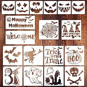 18 Pieces Halloween Stencils, Reusable Happy Halloween Ghost Bat Witch Pumpkin Stencils for Painting on Wood DIY Crafts Halloween Decorations (Style 1)
