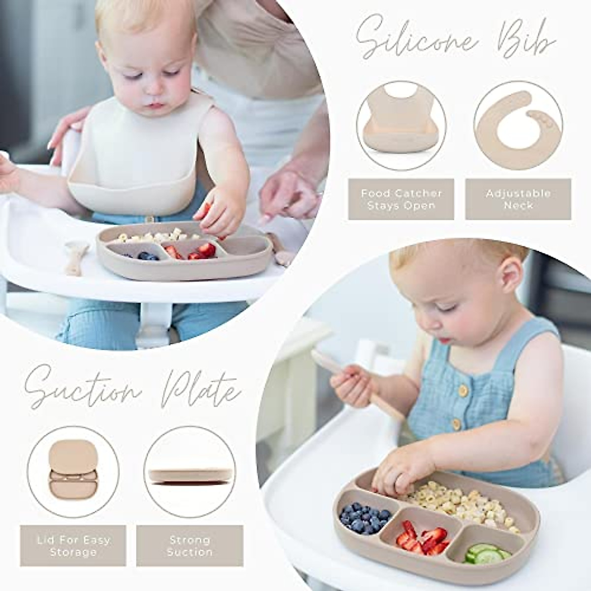 Little Keegs Baby Feeding Set - Baby Must Haves Gift Set - Baby Led Weaning Supplies - Toddler Silicone Feeding Set - Suction Baby Bowl, Bib, Snack Cup, Utensils, Baby Plate Set of 8 (Beige)
