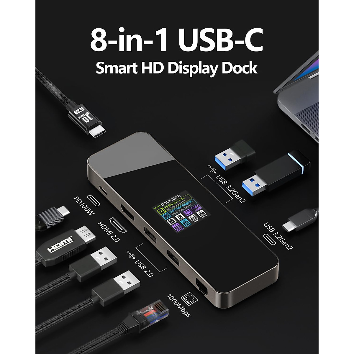 DOCKCASE Visual Smart USB C Hub (8-in-1) with HDMI Port 4K@60Hz, 100w PD Power Delivery, 4 USB-A Data Ports, Gigabit Ethernet Port, 1 10Gbps USB-C Data Port for MacBook Air/Pro, ipad Pro,Dell XPS