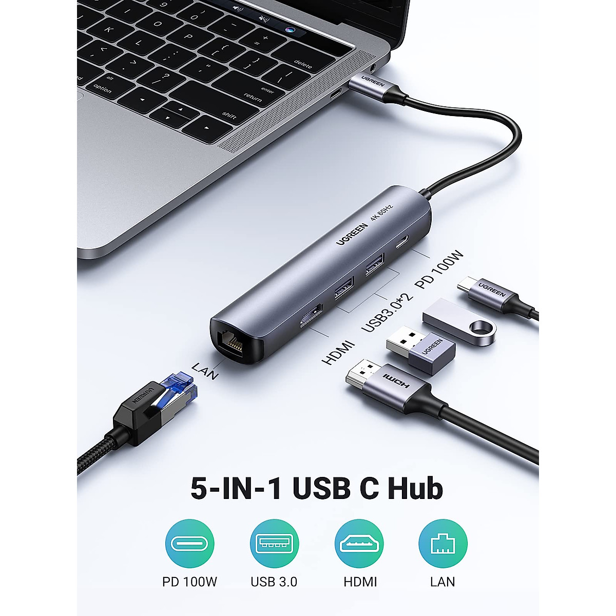 UGREEN USB C Hub 60Hz, 5-in-1 Gigabit USB C to Ethernet Adapter with 4K HDMI, 100W Power Delivery, 2 USB 3.0, Compatible with MacBook, iPad Pro, iPhone 15 Pro/Pro Max, Dell, HP, Surface, Switch