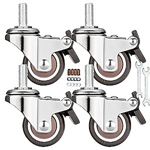 Stem Casters, 360 Degree Swivel Stem TPR Wheels with Metric M6-1.0x15mm Thread Rods Replacement Industrial Castors for Carts, Furniture, Dolly, Workbench (1.5 inch with Brakes)
