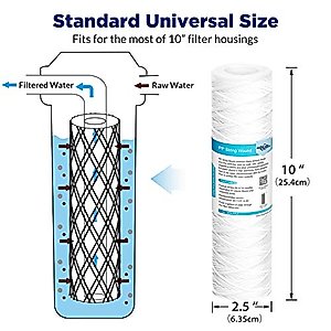 42 Pack of 10 Micron 10"x2.5" String Wound Whole House Water Filter Replacement Cartridge by Membrane Solutions, Universal Sediment Filters for Well Water, Compatible with WFPFC4002, CW-F, CW-MF, WP-5