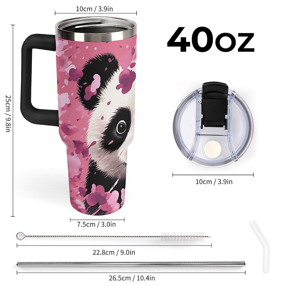 NVBSKKDH Pink Panda Cotton 40 Oz Stainless Steel Tumbler with Handle & Straw Double-Walled Vacuum Insulated Travel Mug for Hot/Cold Drinks, Reusable Thermal Cup for Car Cup Holder