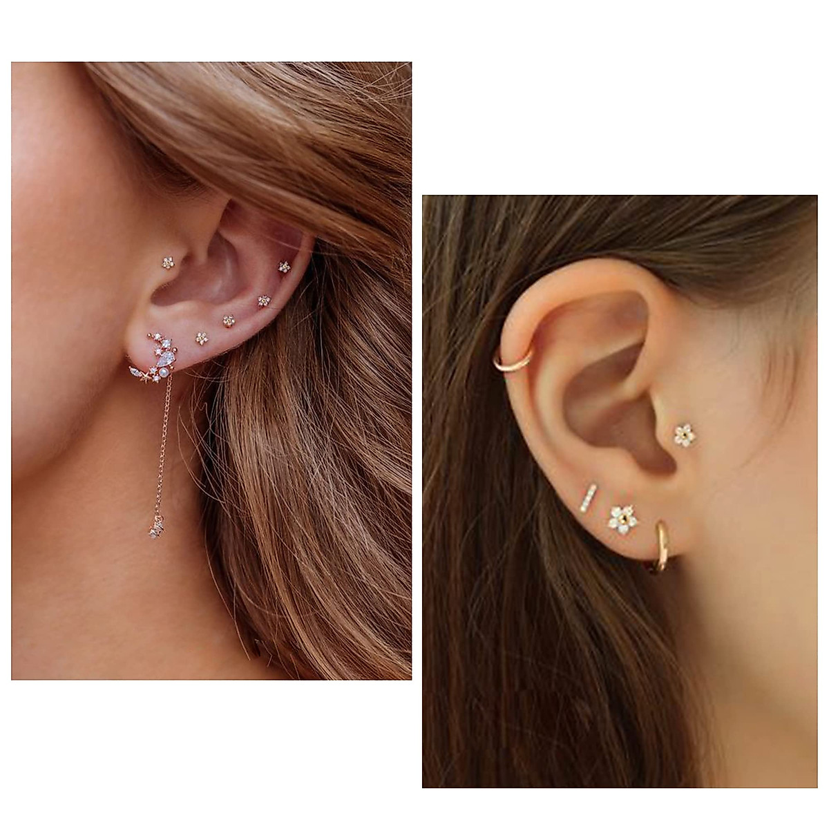 Jewseen 14K Gold Top Push in Threadless CZ Flower Flat Back Stud Opal Cartilage Earring Nose Stud Lip Ring Threadless Earring Helix Stud Tragus Piercing Jewelry for Women Men