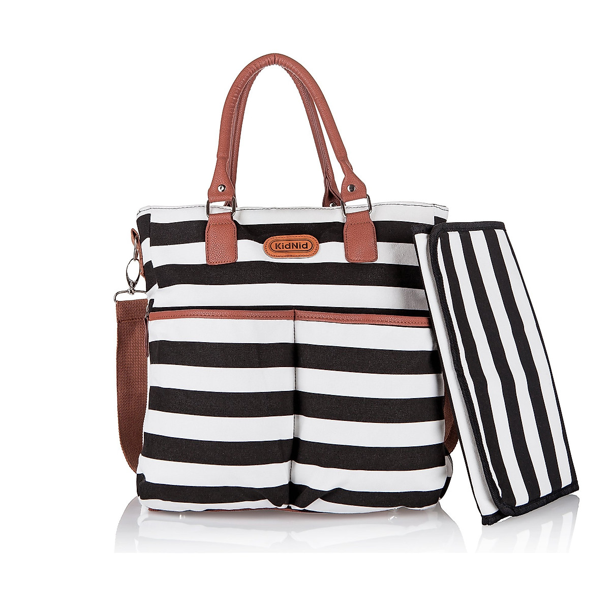 Kidnid Designer Baby Diaper Bag - Cotton Messenger Organizer Tote with Changing Pad, Black & White, 14-Inch