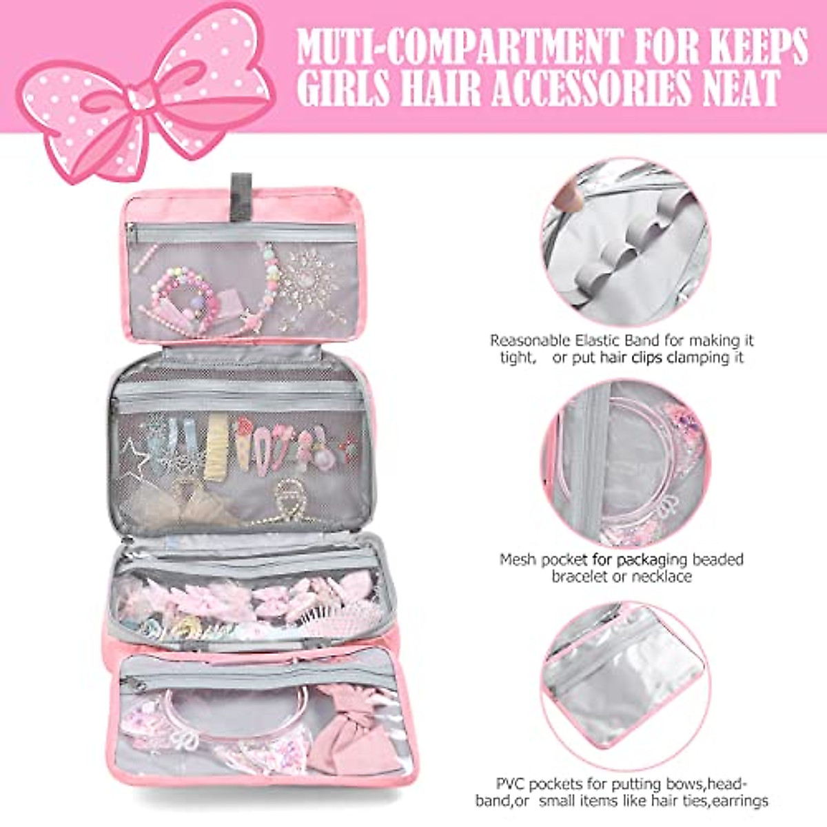 Headband Holder for Baby Girls Bow Holder Organizer, Baby Girls Hair Accessory Organizer for Hair Pins, Ties, Bows, Clips, Barrette, Storage Bag with Multi-pockets Make it Clear Classify for Little Girls Travel Outdoor