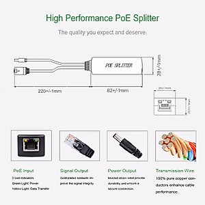 POE Splitter Adapter 12V, Active Power Over ethernet Splitter 48V to 12V, IEEE 802.3af/at Compliant 10/100Mbps up to 100 Meters for Surveillance Camera CCTV and Wireless AP, 2-Pack
