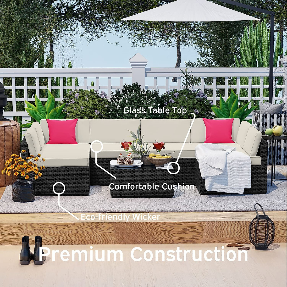 Nestl Patio Furniture Set – Outside Furniture Patio Set, 7 Piece Outdoor Patio Furniture Sets, Patio Conversation Sets with Patio Sectional, Black Wicker Patio Furniture Sets with Off White Cushions