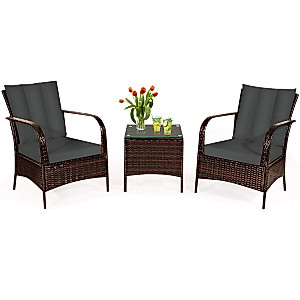 DORTALA 3 Piece Wicker Patio Furniture Set, Outdoor PE Rattan Conversation Set with Chairs, Cushions & Coffee Table for Patio Garden Poolside, Grey
